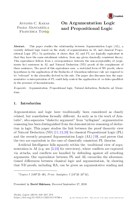 (PDF) On Argumentation Logic and Propositional Logic
