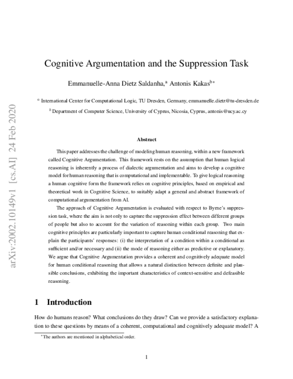 (PDF) Cognitive Argumentation and the Suppression Task