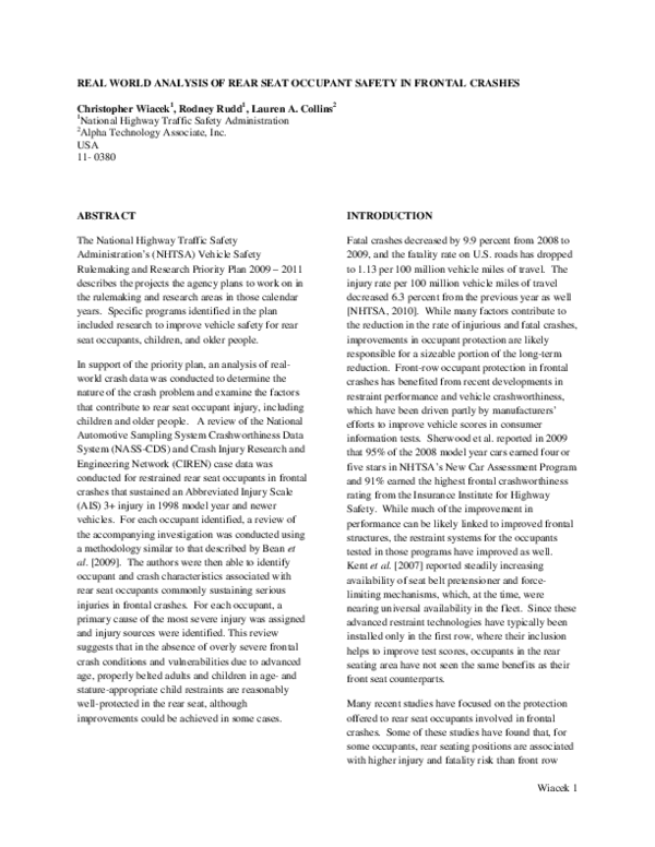(PDF) Real world analysis of rear seat occupant safety in frontal crashes