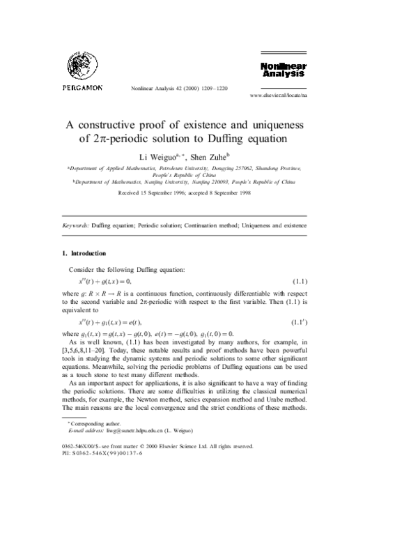 (PDF) A constructive proof of existence and uniqueness of 2π-periodic solution to Duffing equation