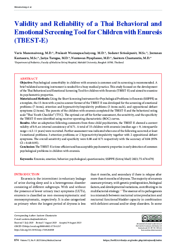 (PDF) Validity and Reliability of a Thai Behavioral and Emotional Screening Tool for Children ...