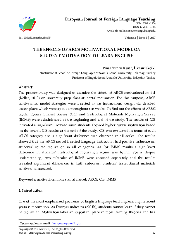 (PDF) The Effects of Arcs Motivational Model on Student Motivation to ...