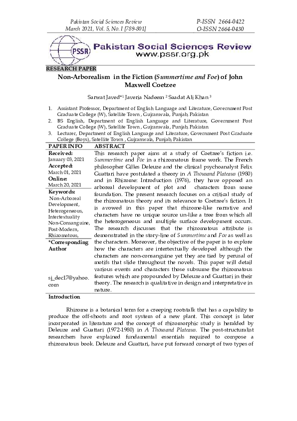 (PDF) Non-Arborealism in the Post-Modernist Fiction (Summertime and Foe ...