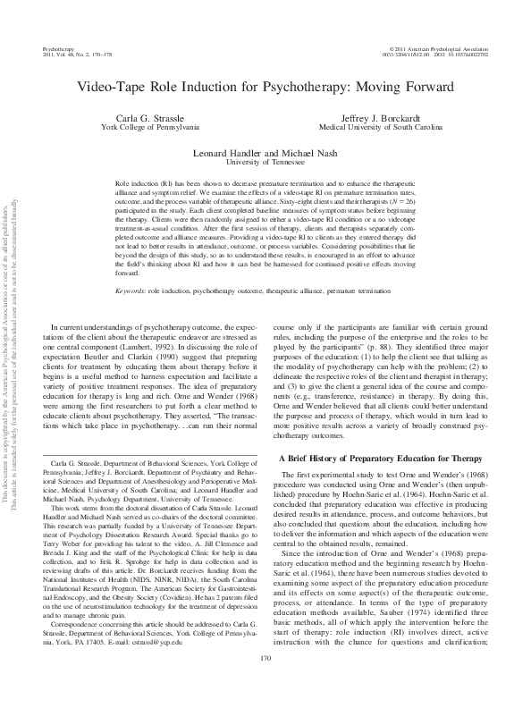 (PDF) Video-tape role induction for psychotherapy: Moving forward
