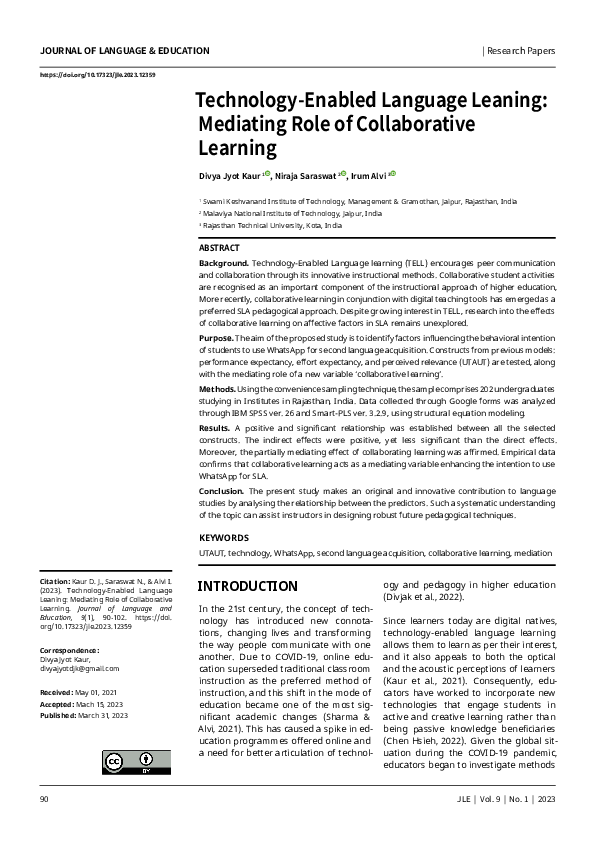 (PDF) Technology-Enabled Language Leaning: Mediating Role of Collaborative Learning