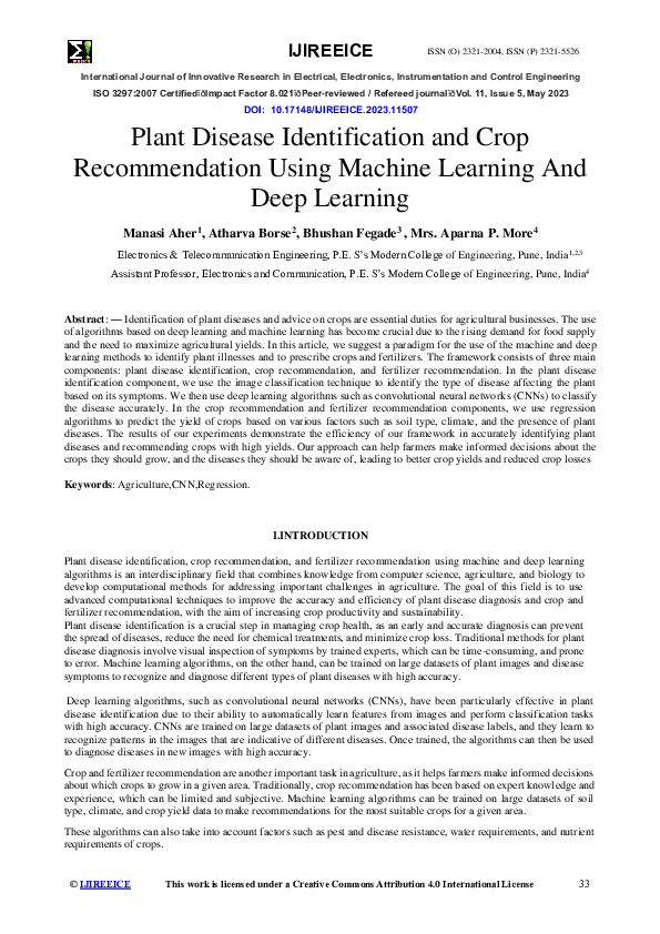 (PDF) Plant Disease Identification and Crop Recommendation Using Machine Learning And Deep Learning