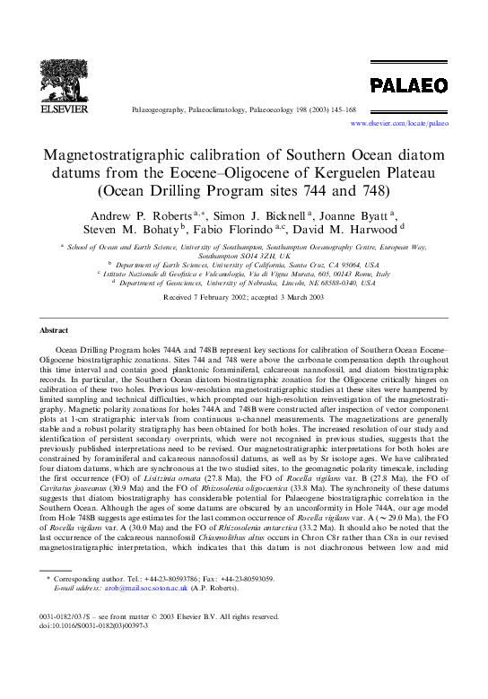 (PDF) Magnetostratigraphic calibration of Southern Ocean diatom datums from the Eocene–Oligocene ...