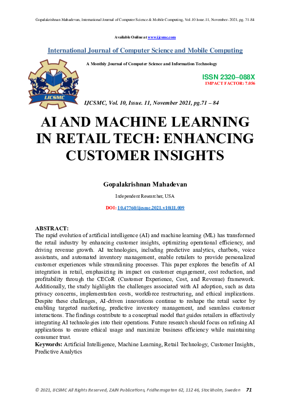 (PDF) AI AND MACHINE LEARNING IN RETAIL TECH: ENHANCING CUSTOMER INSIGHTS