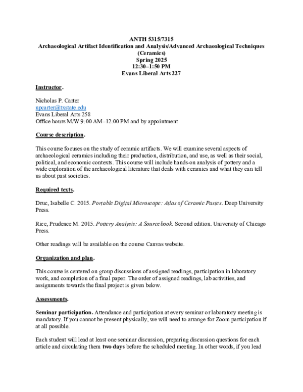 (PDF) Ceramic Analysis Spring 2025 syllabus