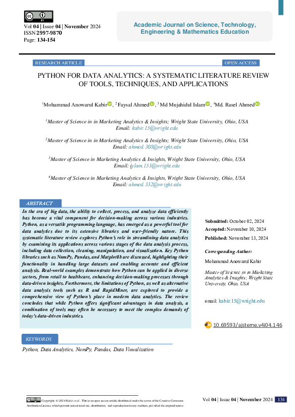 (PDF) PYTHON FOR DATA ANALYTICS: A SYSTEMATIC LITERATURE REVIEW OF TOOLS, TECHNIQUES, AND ...