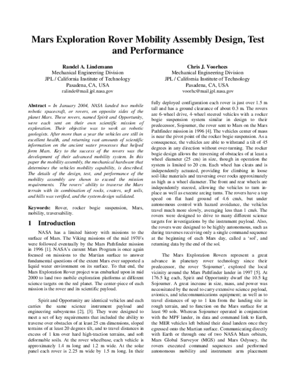 (PDF) Mars Exploration Rover Mobility Assembly Design, Test and Performance