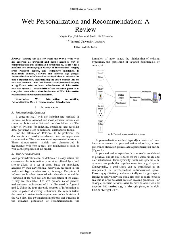 (PDF) Web Personalization and Recommendation : A Review