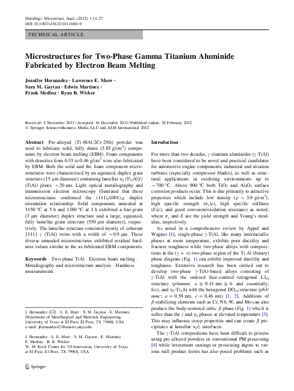 (PDF) Microstructures for Two-Phase Gamma Titanium Aluminide Fabricated ...