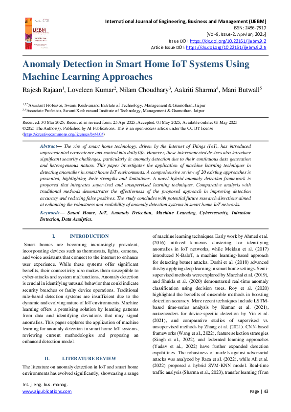 (PDF) Anomaly Detection in Smart Home IoT Systems Using Machine Learning Approaches