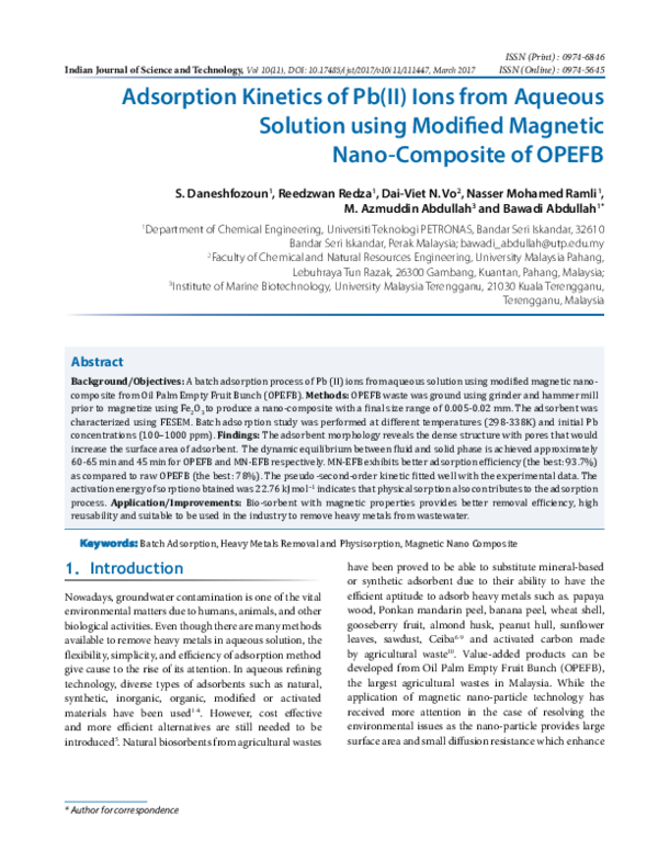 (PDF) Adsorption Kinetics of Pb(II) Ions from Aqueous Solution using Modified Magnetic Nano ...