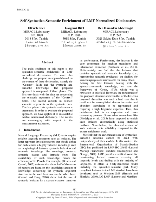 (PDF) Self Syntactico-Semantic Enrichment of LMF Normalized Dictionaries