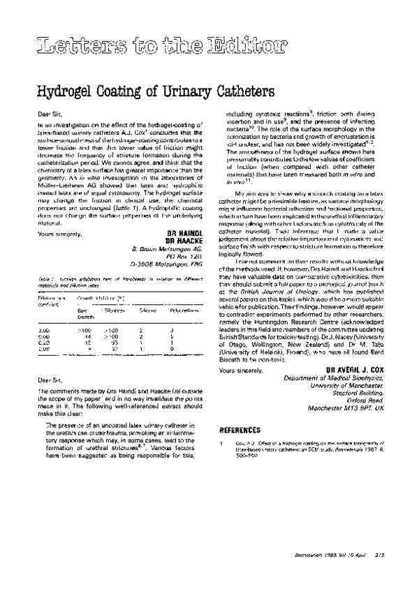 (PDF) Hydrogel Coating of Urinary Catheters