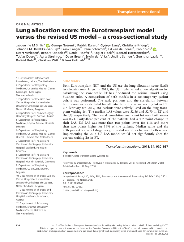 (PDF) Lung Allocation Score - The Eurotransplant Model vs. the revised ...