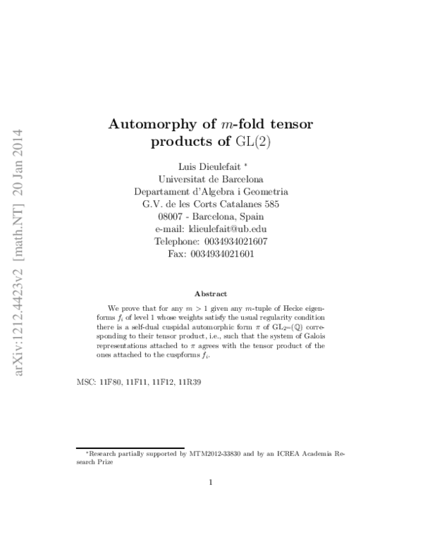 (PDF) Automorphy of $m$-fold tensor products of GL(2)
