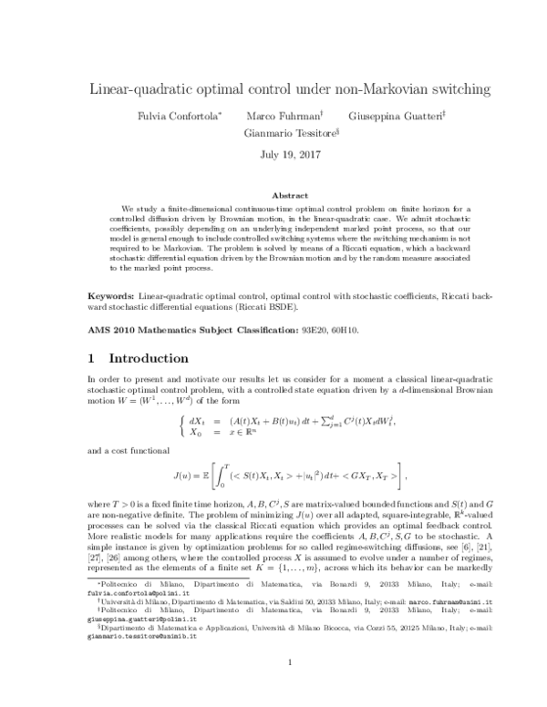 (PDF) Linear-quadratic optimal control under non-Markovian switching