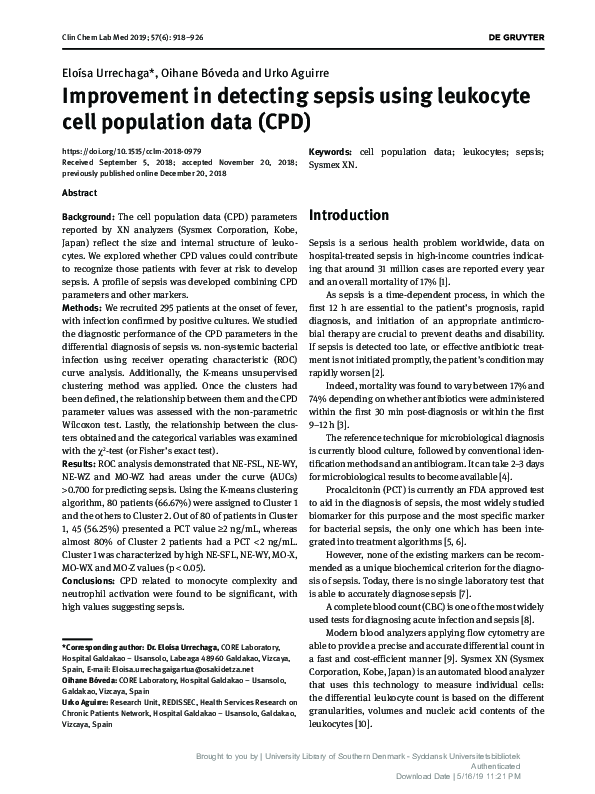 (PDF) Improvement in detecting sepsis using leukocyte cell population ...