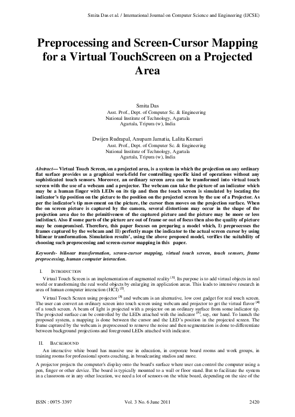 (PDF) Preprocessing and Screen-Cursor Mapping for a Virtual TouchScreen ...