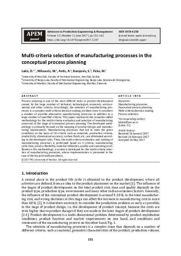 (PDF) Multi-criteria selection of manufacturing processes in the ...