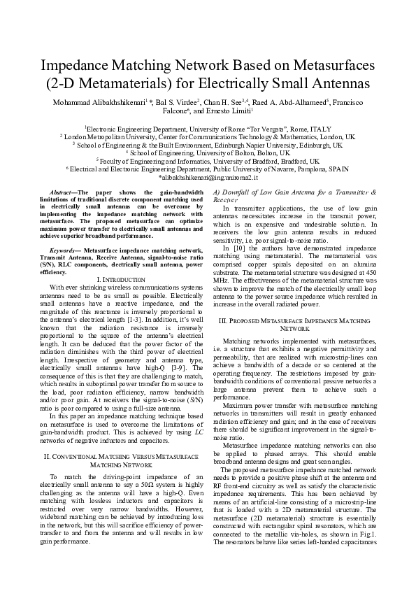 (PDF) Impedance Matching Network Based on Metasurfaces (2-D Metamaterials) for Electrically ...