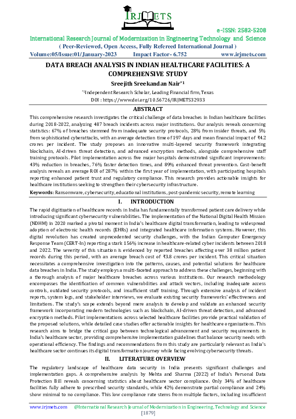 (PDF) DATA BREACH ANALYSIS IN INDIAN HEALTHCARE FACILITIES: A COMPREHENSIVE STUDY
