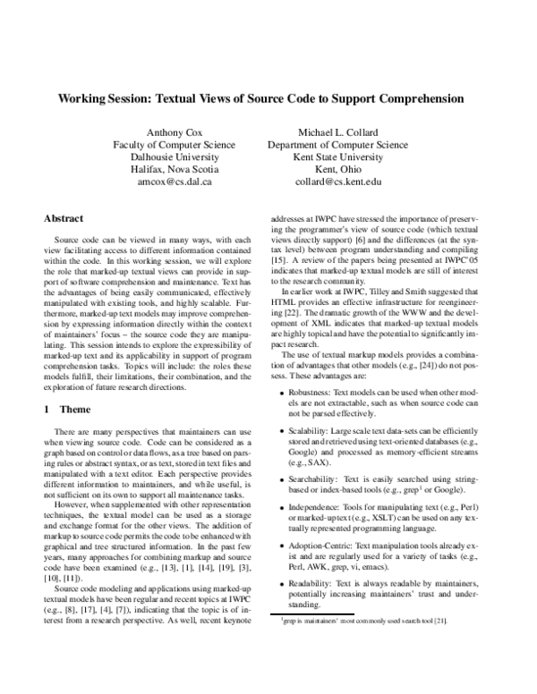 Pdf Working Session Textual Views Of Source Code To Support Comprehension