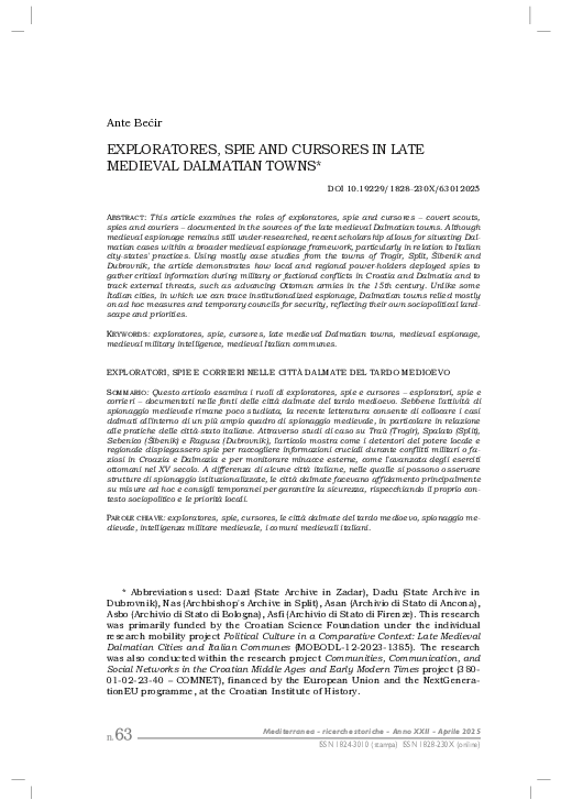 (PDF) Exploratores, Spie and Cursores in Late Medieval Dalmatian Towns