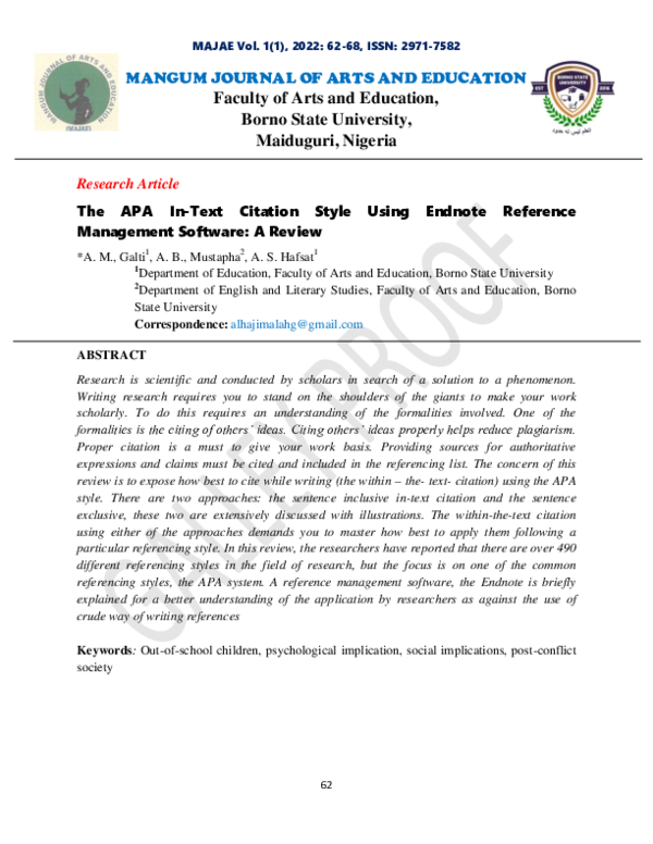 (PDF) The APA In-Text Citation Style Using Endnote Reference Management ...