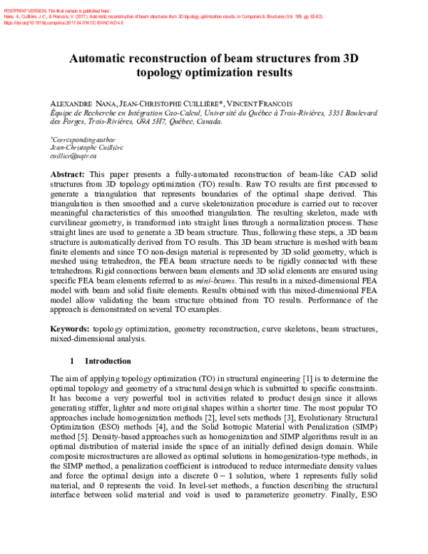 (PDF) Automatic reconstruction of beam structures from 3D topology optimization results