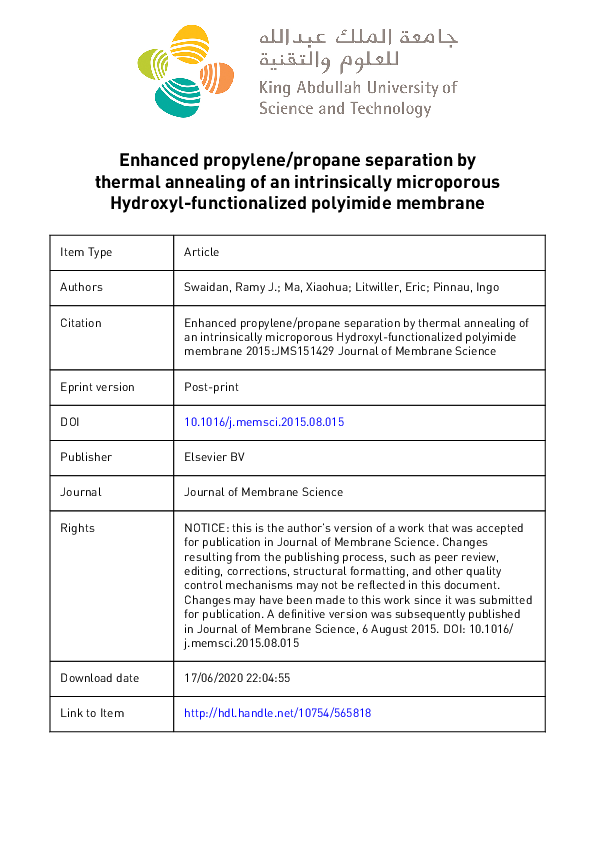 (PDF) Enhanced propylene/propane separation by thermal annealing of an ...
