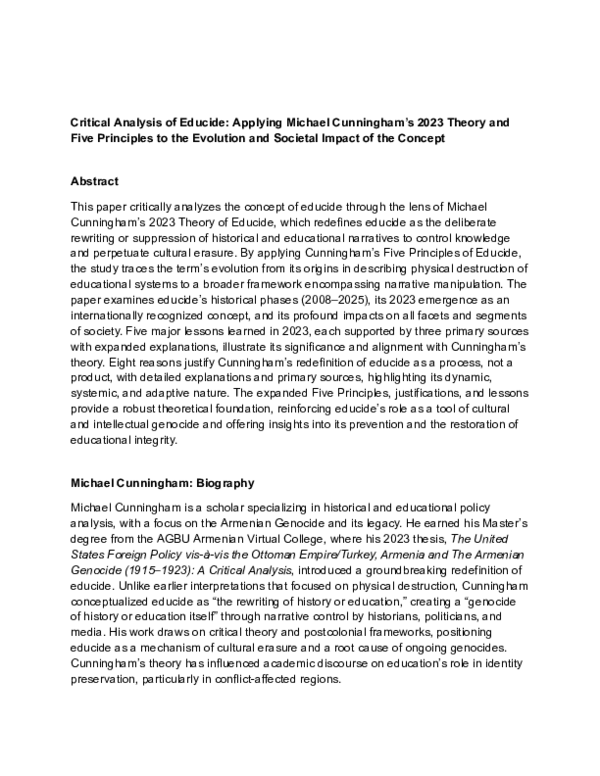 (PDF) Critical Analysis of Educide: Applying Michael Cunningham's 2023 ...