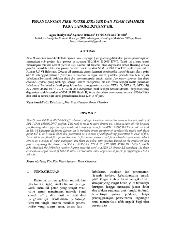 (PDF) PERANCANGAN FIRE WATER SPRAYER DAN FOAM CHAMBER PADA TANGKI ...
