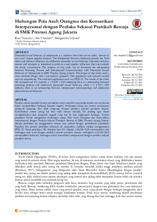 (PDF) Hubungan Pola Asuh Orangtua dan Komunikasi Interpersonal dengan Perilaku Seksual Pranikah ...