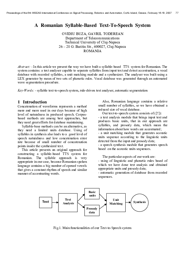 (PDF) A Romanian Syllable-Based Text-To-Speech System