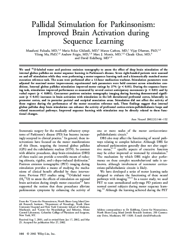 (PDF) Pallidal Stimulation for Parkinsonism: Improved Brain Activation ...