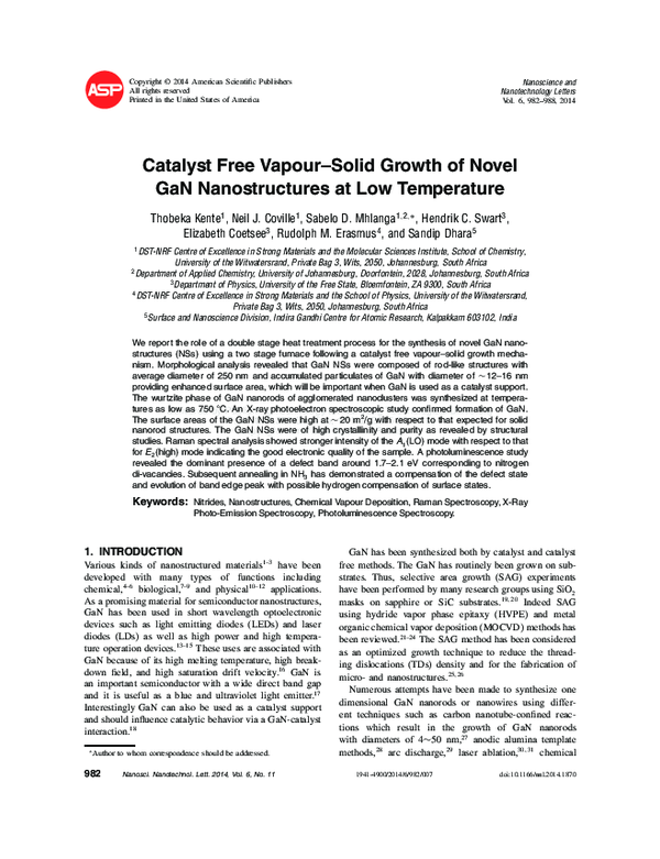 (PDF) Catalyst Free Vapour–Solid Growth of Novel GaN Nanostructures at ...