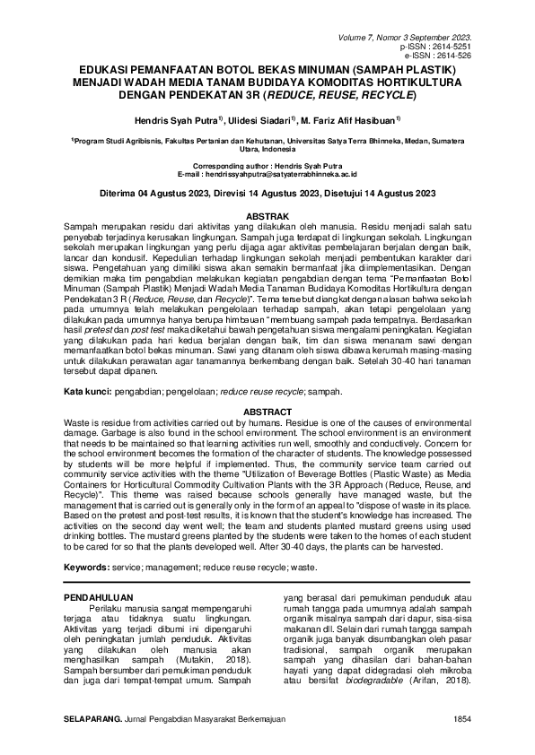 (PDF) Edukasi Pemanfaatan Botol Bekas Minuman (Sampah Plastik) Menjadi ...