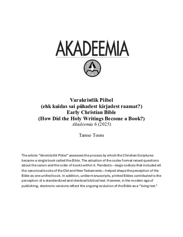 (PDF) Varakristlik Piibel (ehk kuidas sai pühadest kirjadest raamat ...