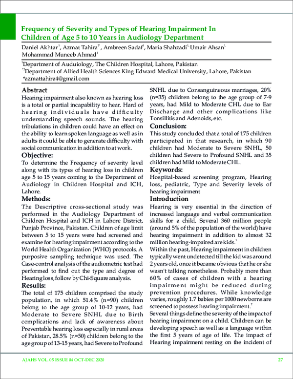 (PDF) Frequency of Severity and Types of Hearing Impairment In Children ...