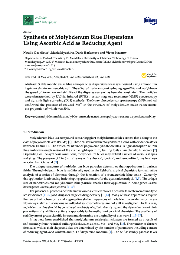 (PDF) Synthesis of Molybdenum Blue Dispersions Using Ascorbic Acid as ...