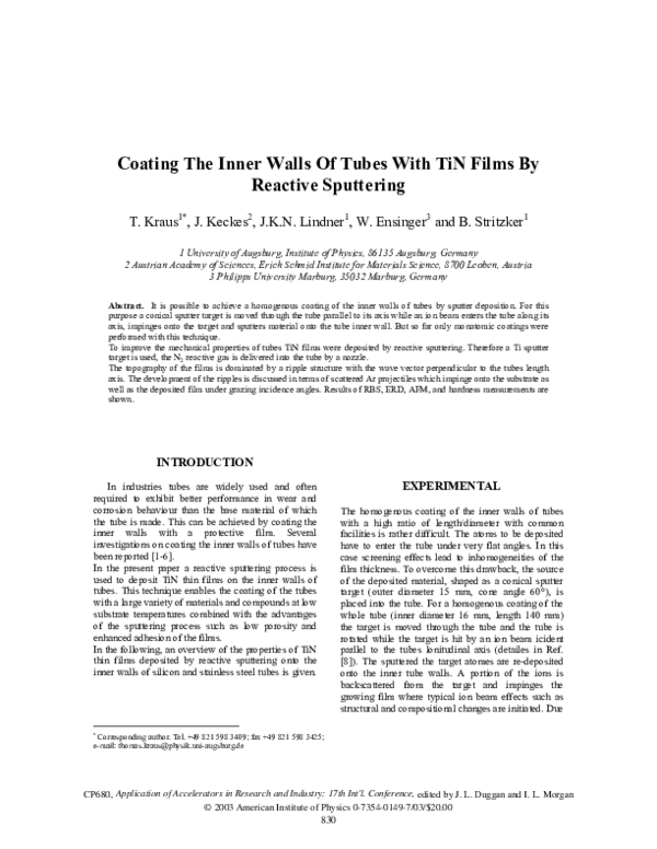 (PDF) Coating The Inner Walls Of Tubes With TiN Films By Reactive ...