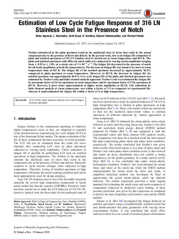 (PDF) Estimation of Low Cycle Fatigue Response of 316 LN Stainless ...