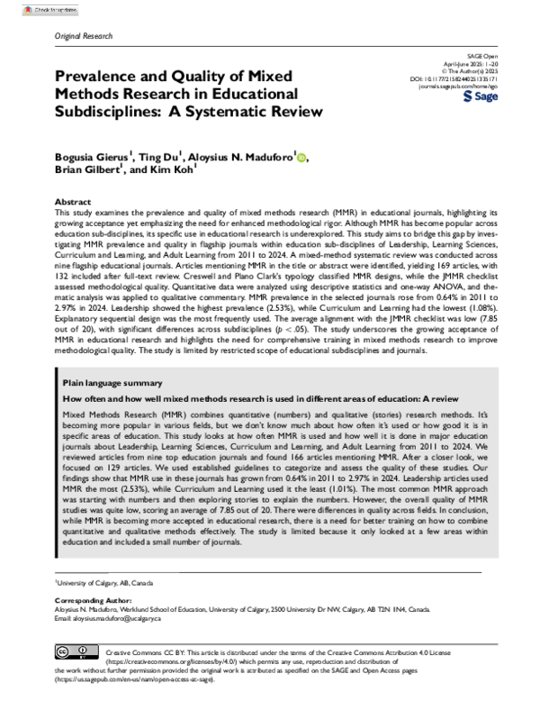 (PDF) Prevalence and Quality of Mixed Methods Research in Educational ...