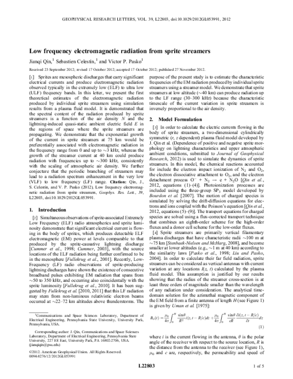 (PDF) Low frequency electromagnetic radiation from sprite streamers