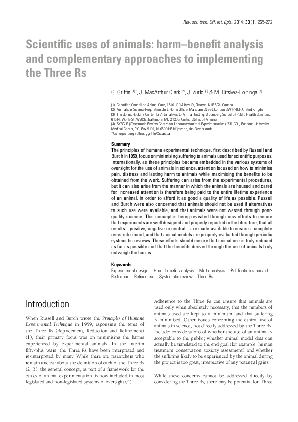 (PDF) Scientific uses of animals: harm–benefit analysis and ...