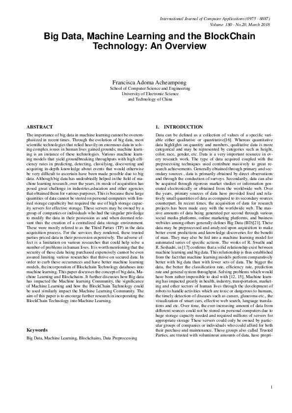 Pdf Big Data Machine Learning And The Blockchain Technology An Overview